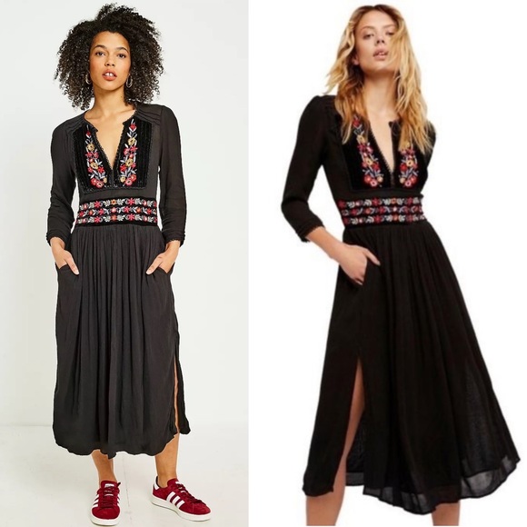 Free People | Dresses | Free People Black Floral Midi Dress With ...